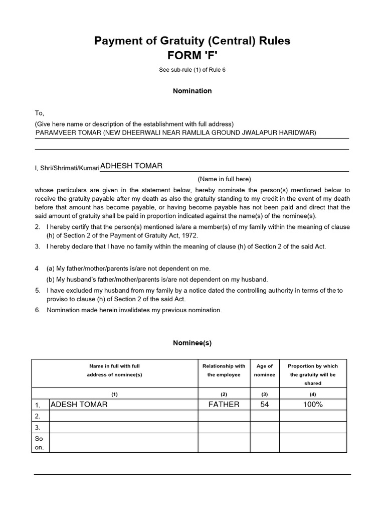 Gratuity Nomination Form 'F' Guide | PDF | Justice | Crime & Violence