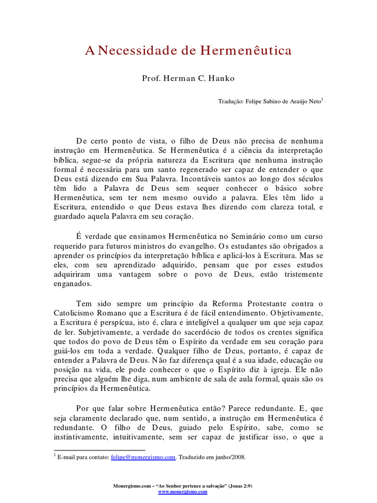 Necessidade Hermeneutica - H Hanko | PDF | Bíblia | Hermenêutica