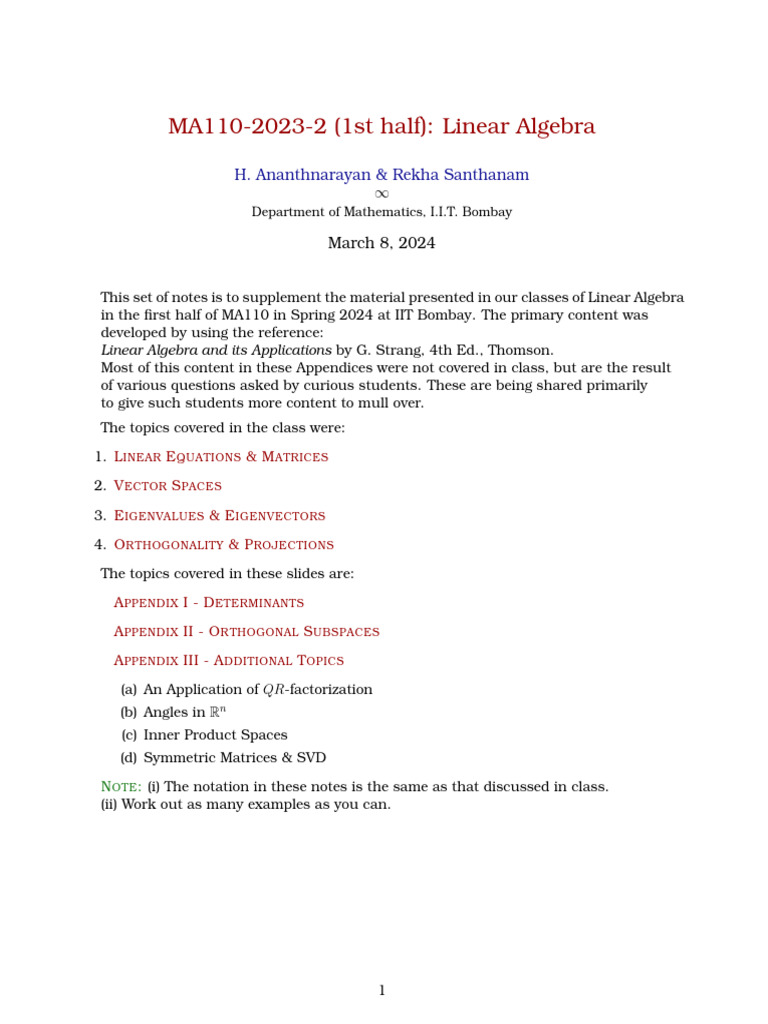 MA110 Linear Algebra - Extra Reading | PDF | Matrix (Mathematics) | Determinant