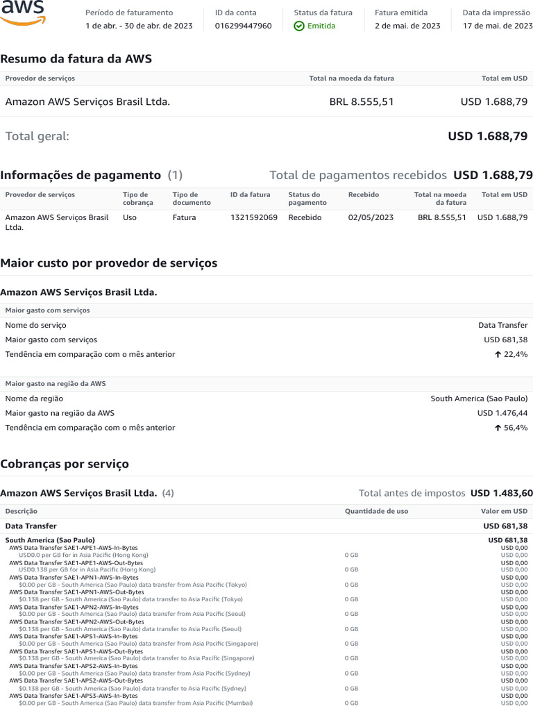 Exemplo AWS billing | PDF | Online Services | Amazon Web Services