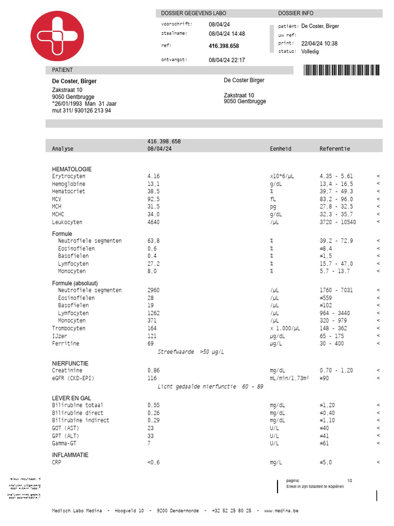 416.398.658 08/04/24 Eenheid Referentie Analyse: Staalname: Ref ...