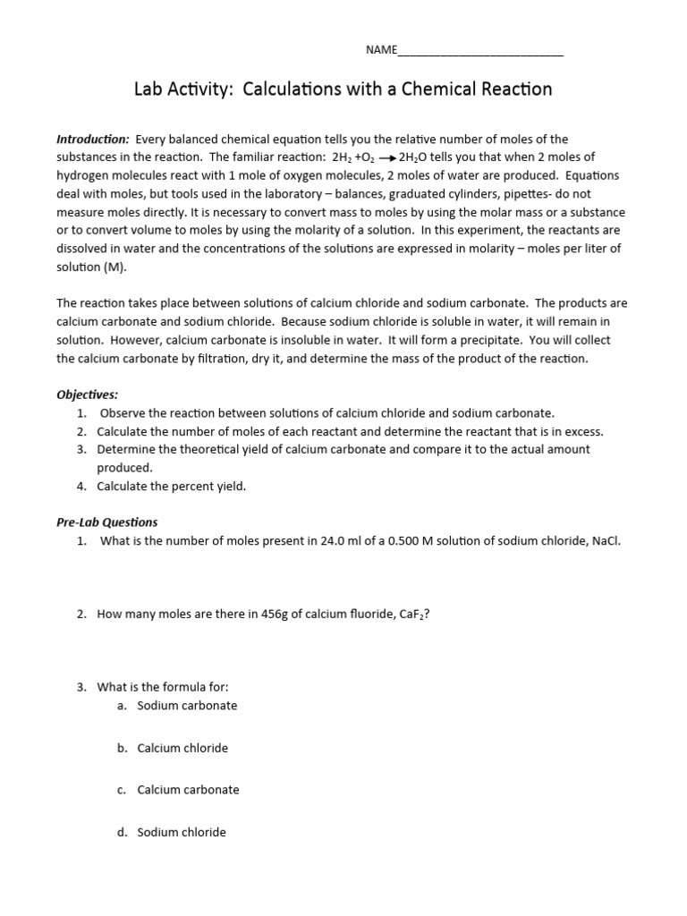 Calculations With A Chemical Reaction Lab Activity | PDF | Mole (Unit ...
