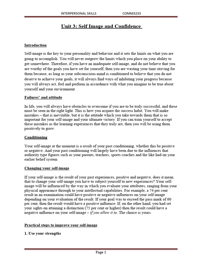 Unit 3 Self Image and Confidence | PDF | Self Esteem | Attitude ...