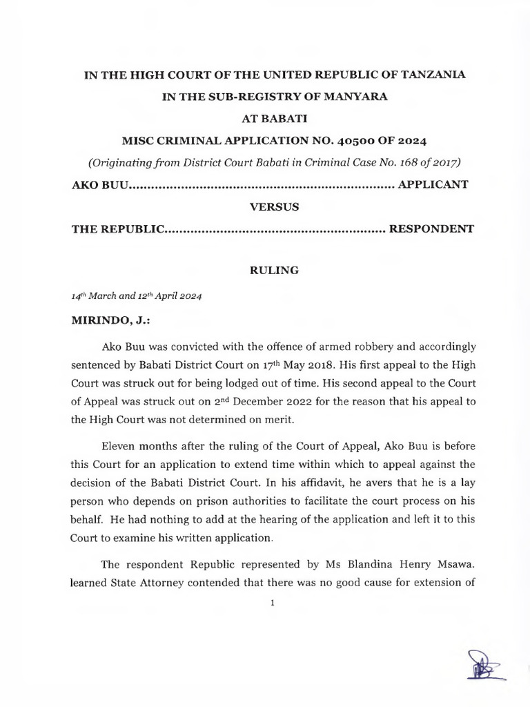 Ako Buu V The Republic (Misc Criminal Application 40500 of 2024) 2024 TZHC 1389 | Download Free ...