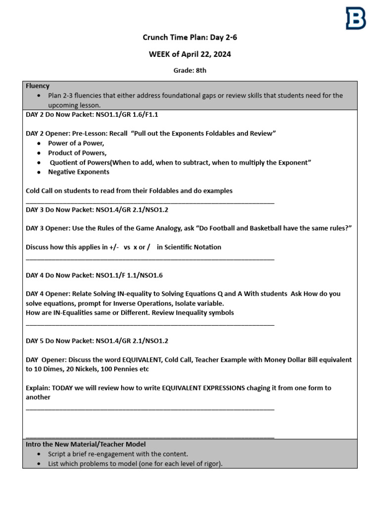 Lesson Plan CRUNCH TIME WEEK of 0422 | PDF | Inequality (Mathematics ...