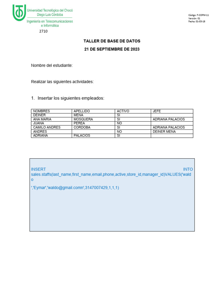 Taller - 1-Base de Datos | PDF | SQL | Informática