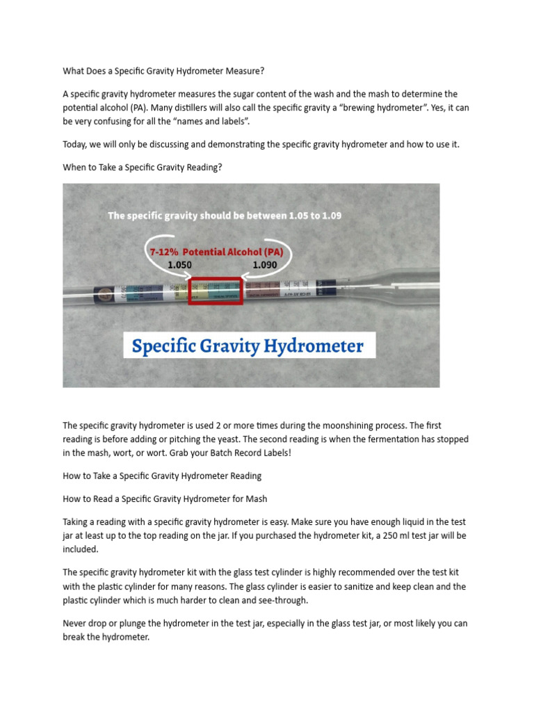Specific Gravity Hydrometer Measuring | PDF | Fermented Foods ...