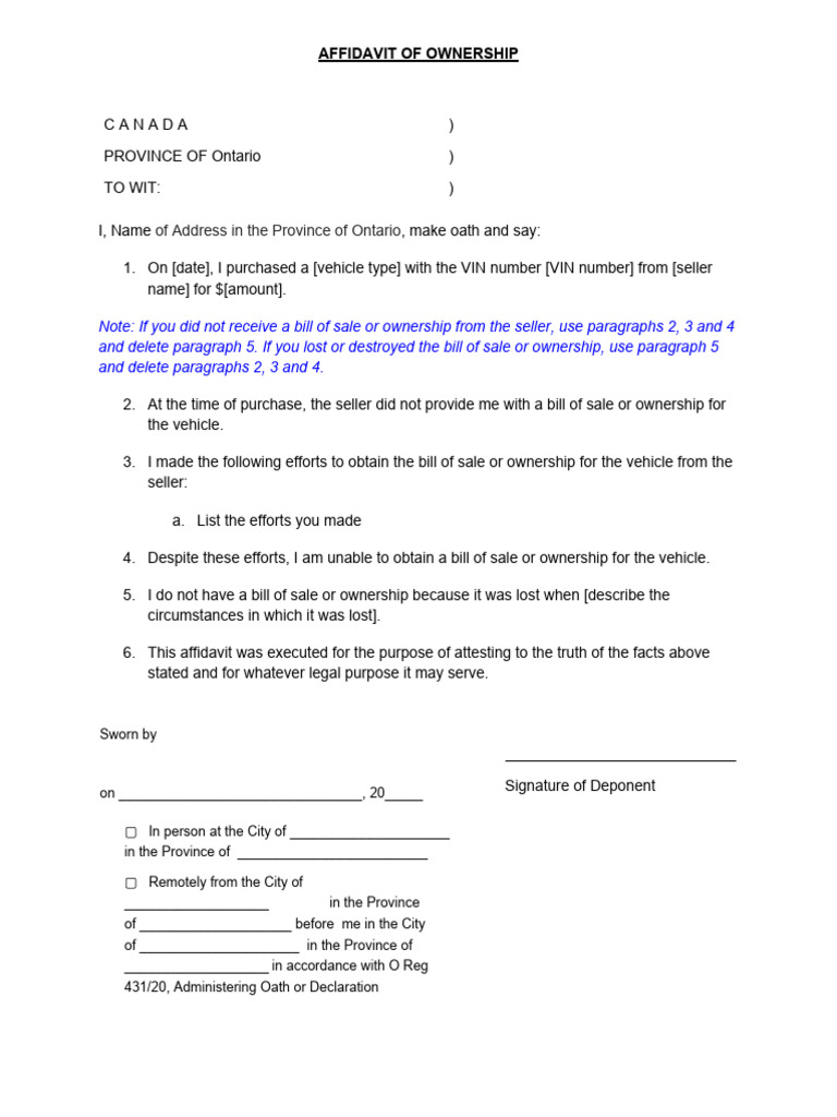 Ontario Vehicle Ownership Affidavit | PDF | Business | Law