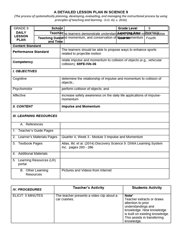 Grade 9 Physics Lesson Plan: Momentum | PDF | Learning | Lesson Plan