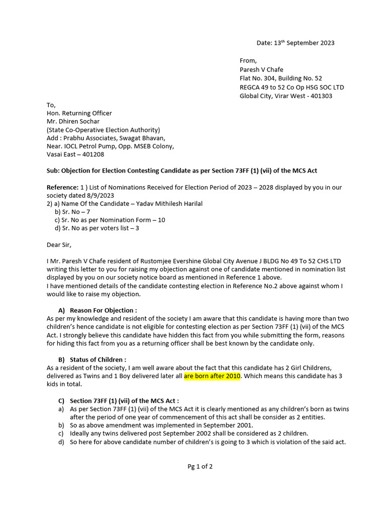 Election Objection Letter | PDF | Government | Justice