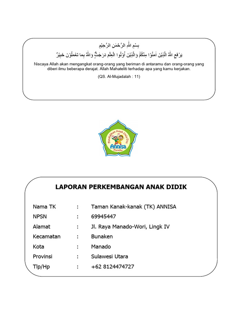Contoh Raport Peserta Didik TK Annisa Pandu | PDF