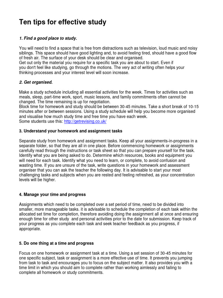 Ten Tips For Effective Study | PDF | Homework | Cognition