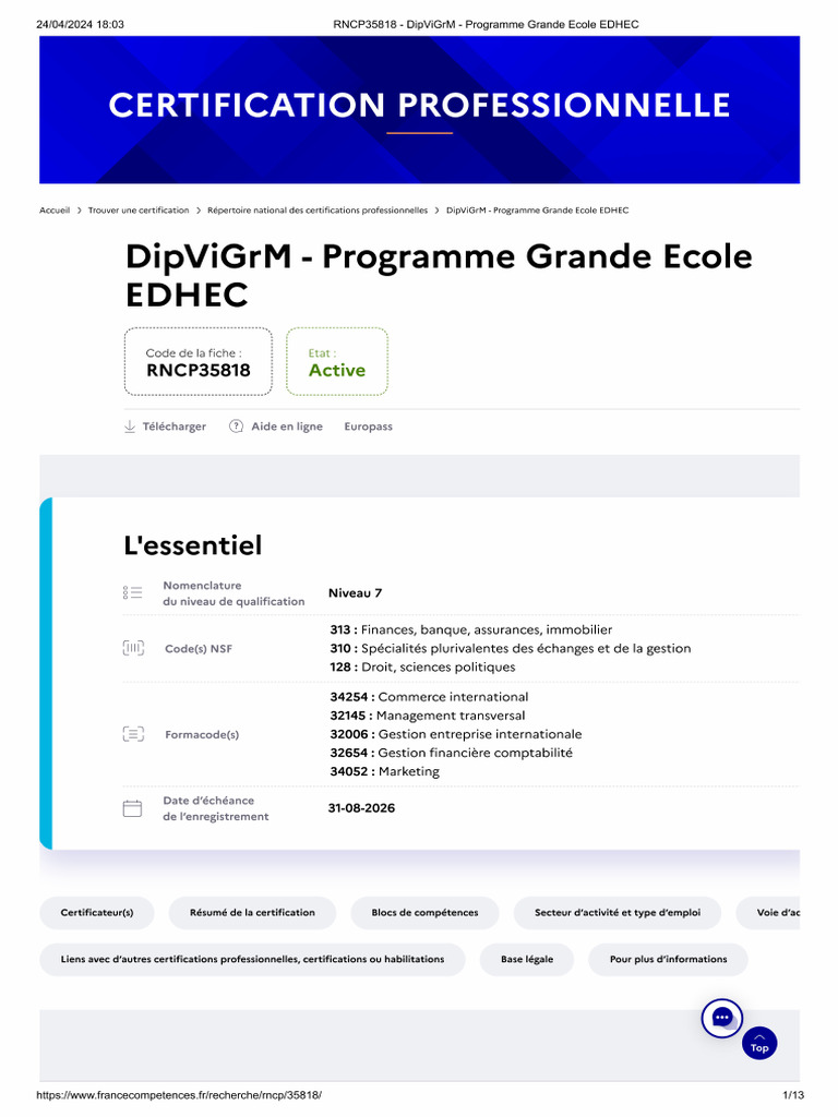 Edhec RNCP NSF | PDF