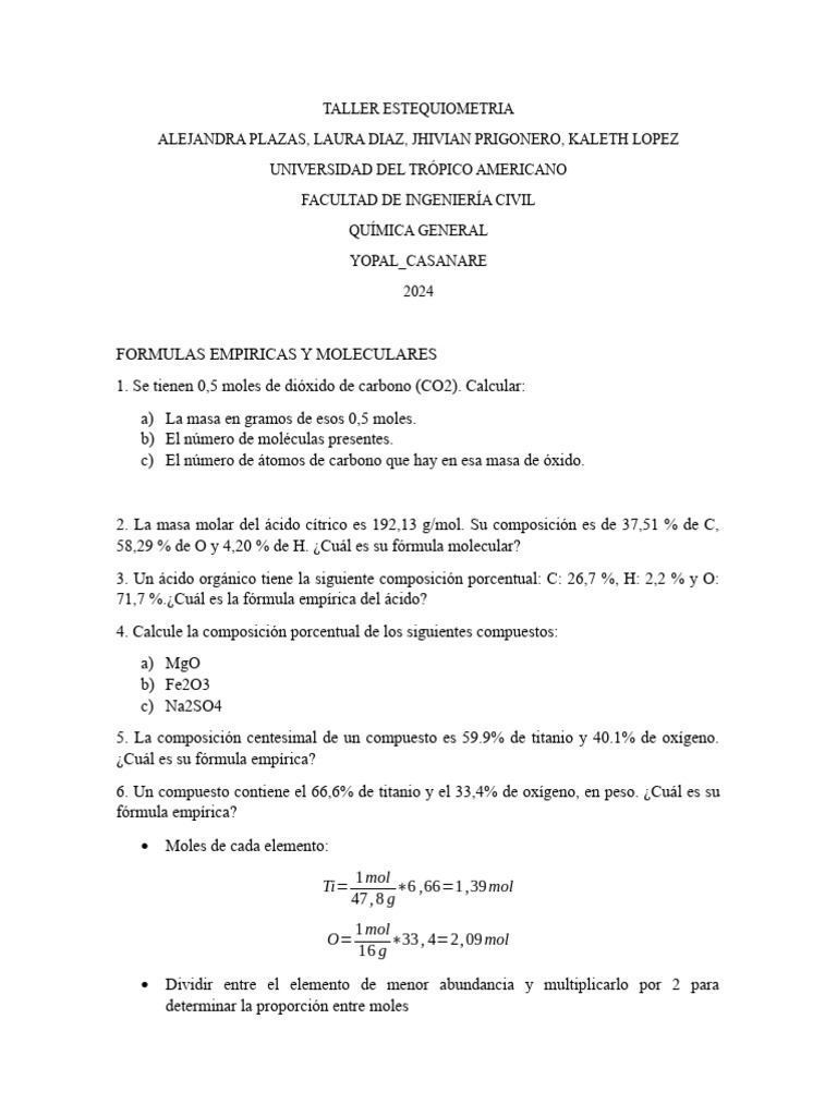 Taller de Estequiometría: Fórmulas y Cálculos | PDF | Compuestos ...