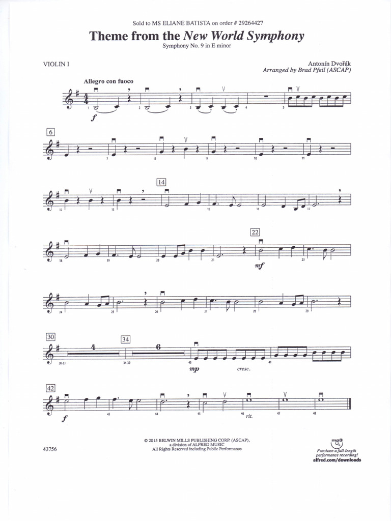 Theme From The New World Symphony - Violin 1 | PDF