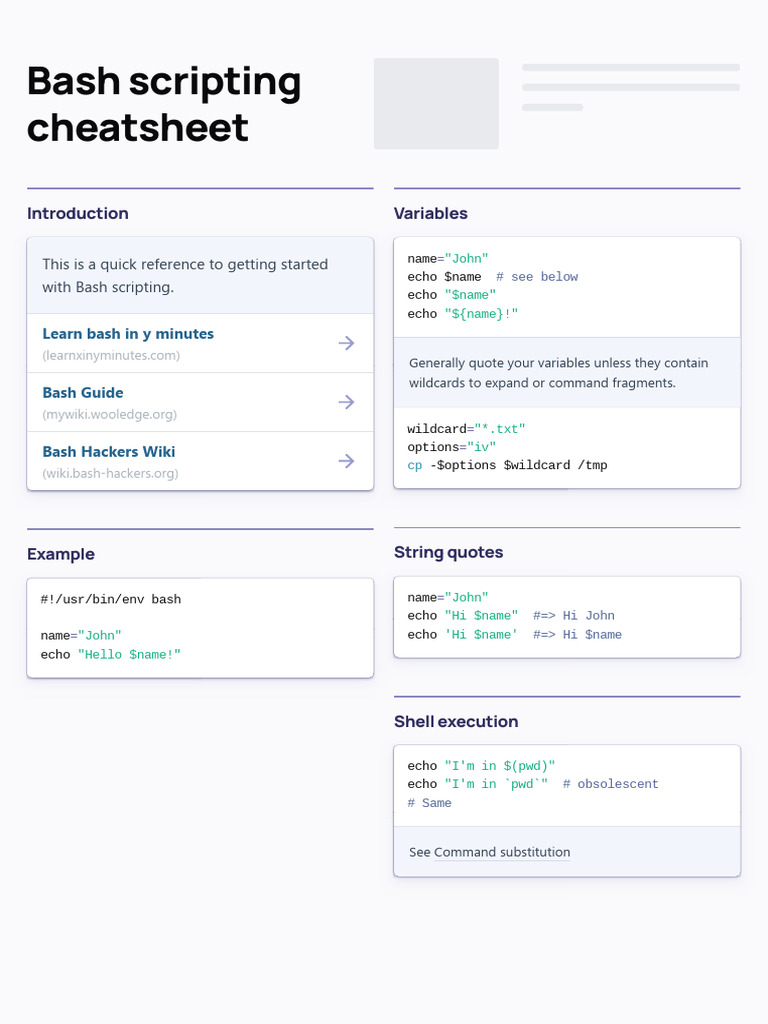 Bash Scripting Cheatsheet | Download Free PDF | Unix | Computing