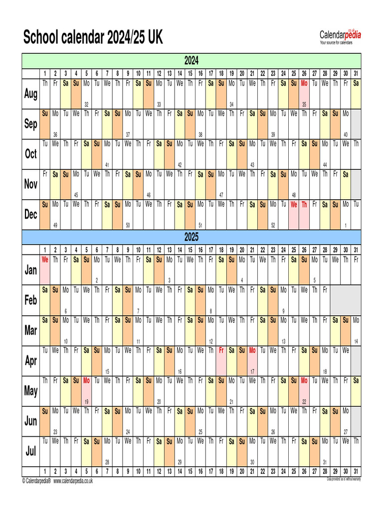 School Calendar 2024 2025 Landscape Linear | PDF