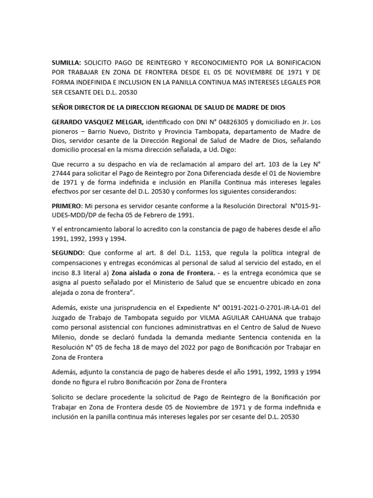 Solicitud Del Pago de Zona Diferenciada Frontera Gerardo Vasquez Diresa | PDF | Justicia ...