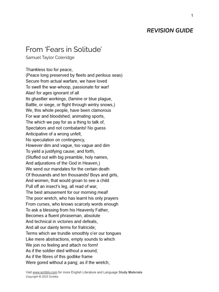 From 'Fears in Solitude', Revision Guide | PDF | Poetry