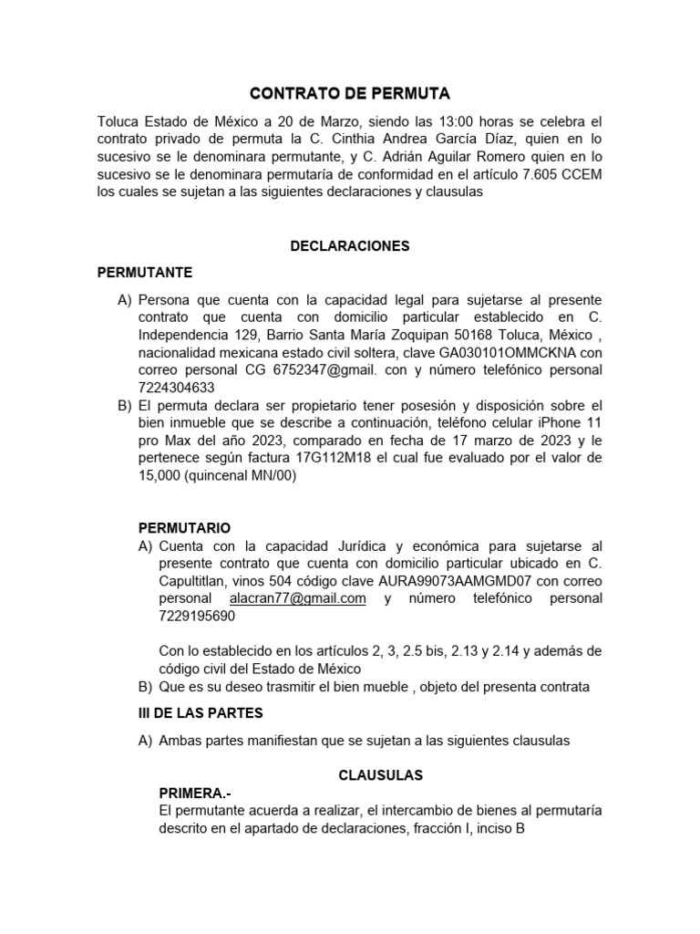 Contrato de Permuta de Celulares | PDF | México | Derecho civil ...