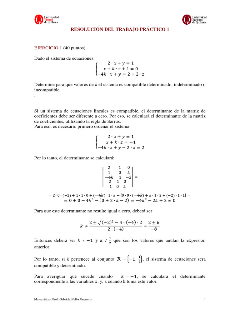 TP 1 Matematicas 2020-1 Res | PDF | Determinante | Matriz (Matemáticas)
