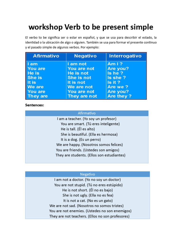 Workshop Verb To Be Present Simple | PDF