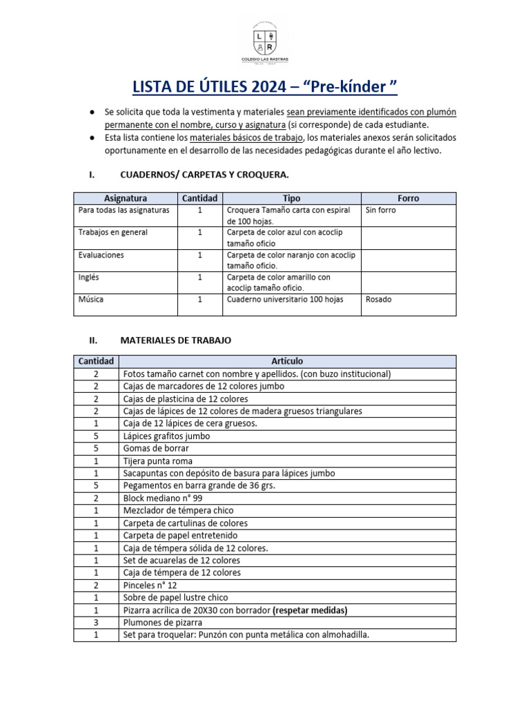 Lista de Materiales Pre Kinder 2024 Ok | PDF | Lápiz | Materiales de Conservación y Restauración