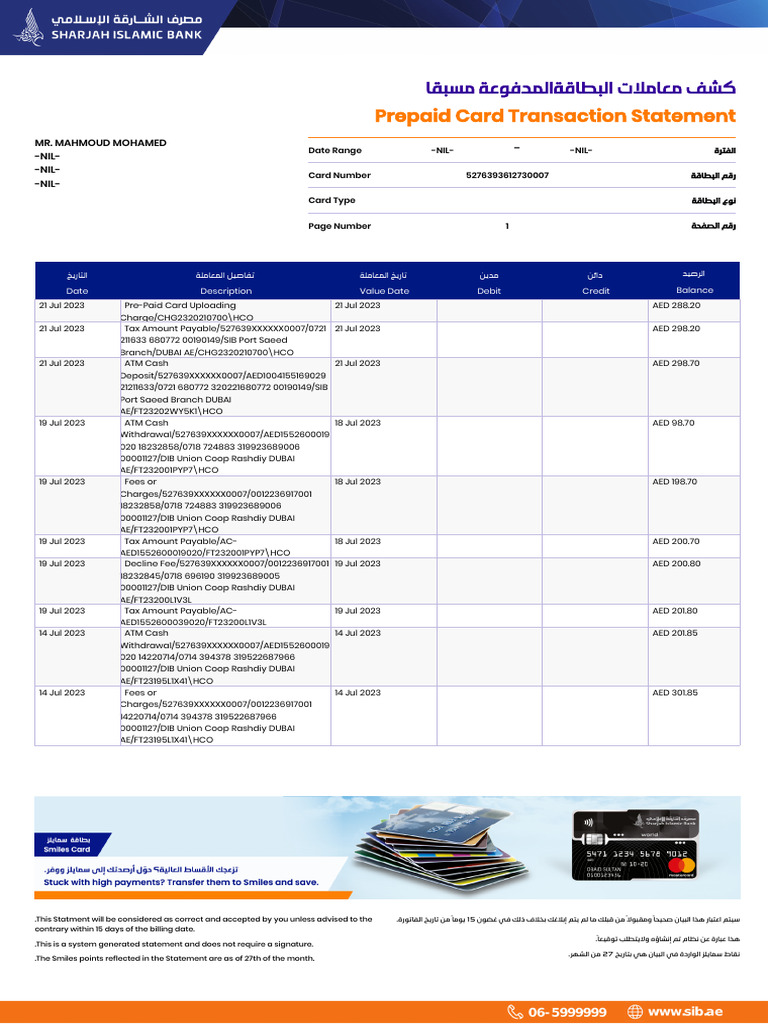 Prepaid Card Transaction Statement: Mr. Mahmoud Mohamed - NIL - NIL ...