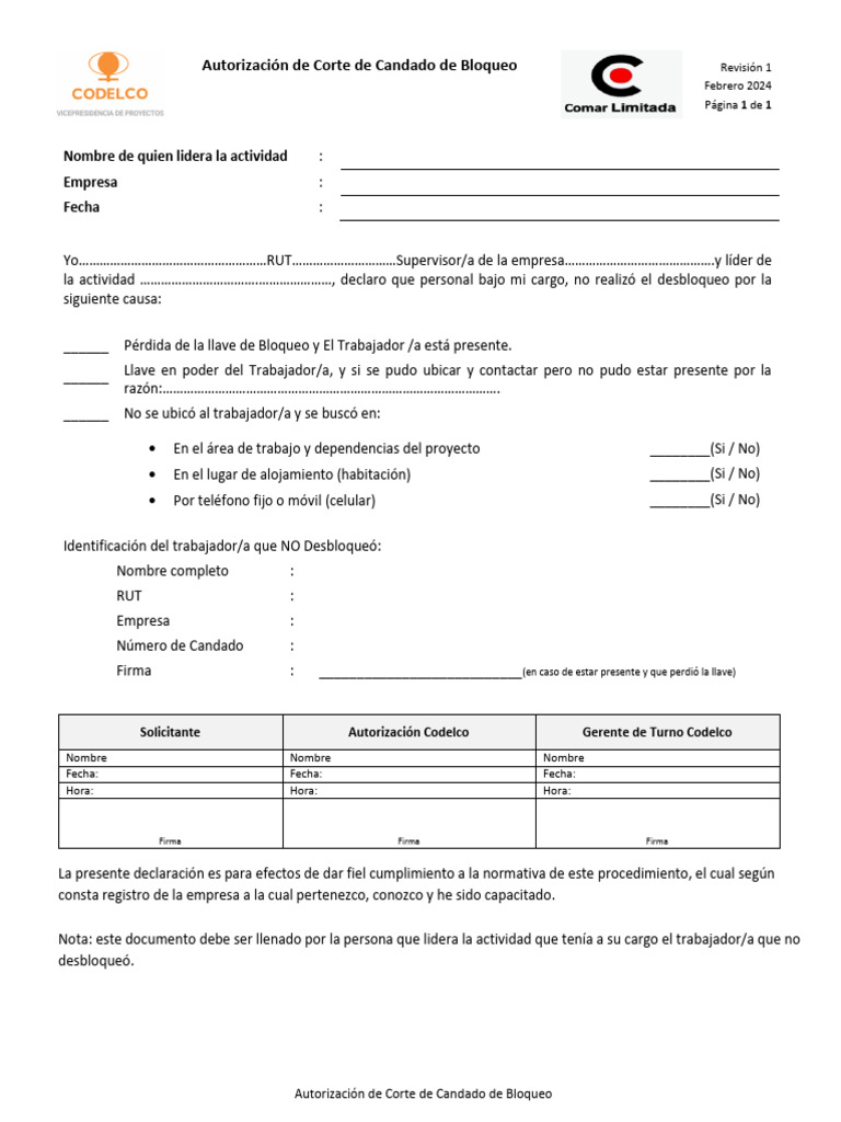 Autorización Corte Candado Bloqueo | PDF