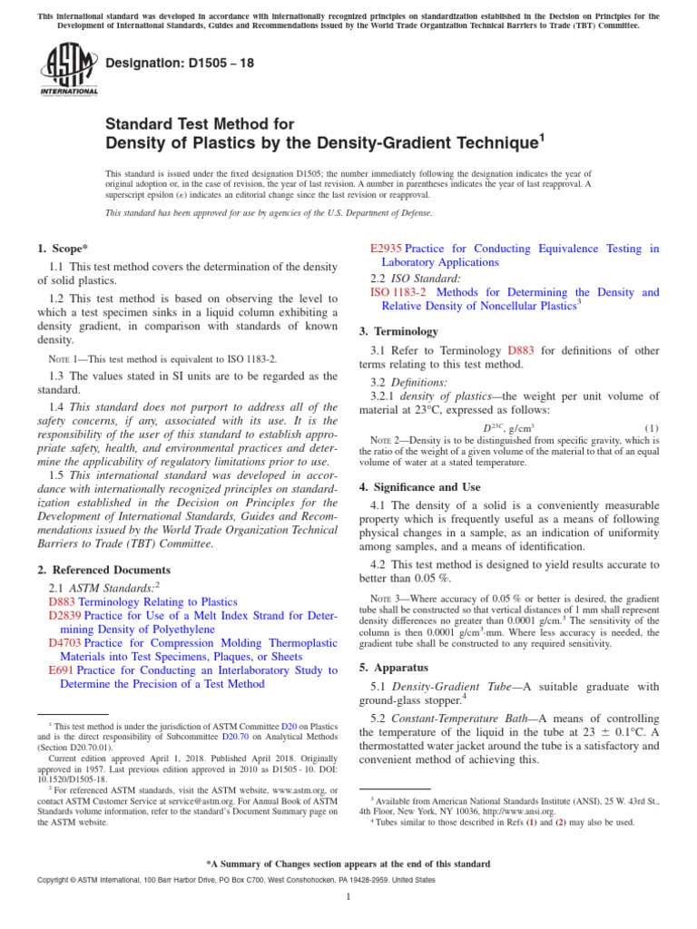 Density of Plastics by The Density-Gradient Technique: Standard Test ...
