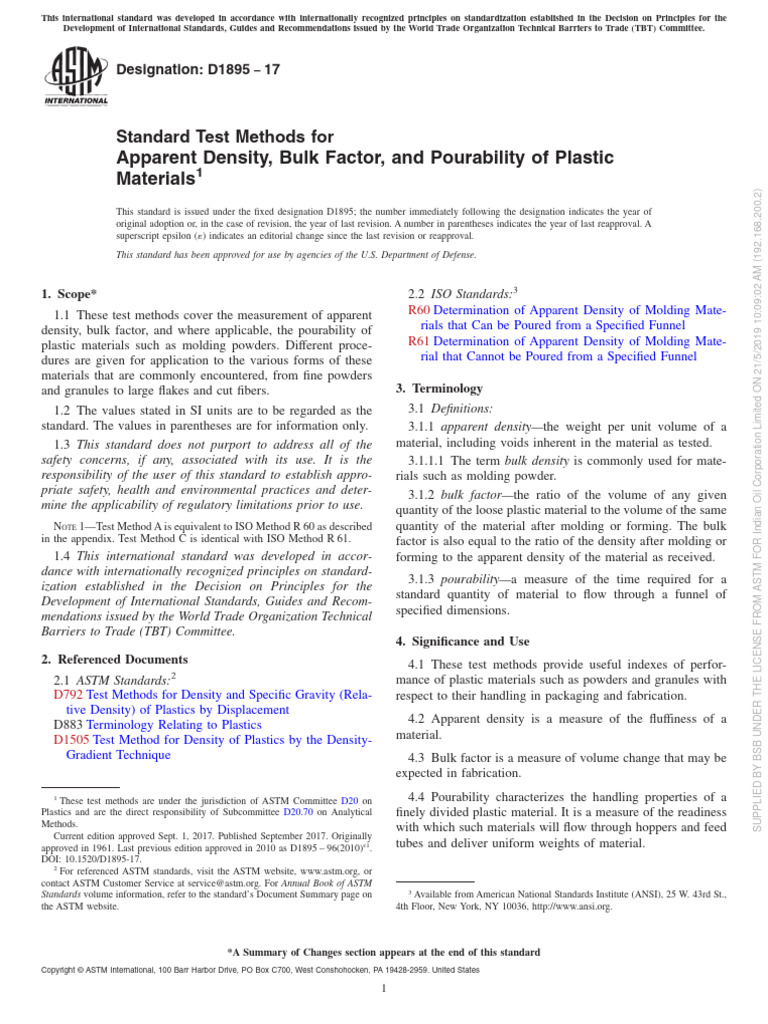 Apparent Density, Bulk Factor, and Pourability of Plastic Materials ...