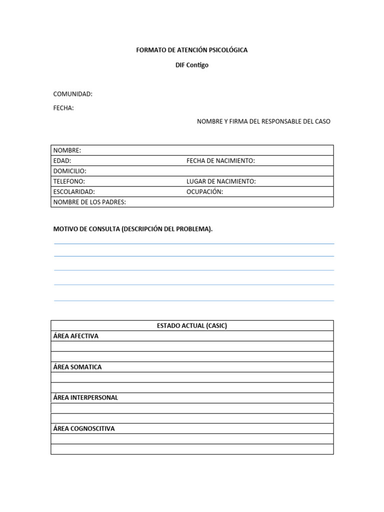 Formato de Atención Psicológica Dif Contigo 2024 | PDF