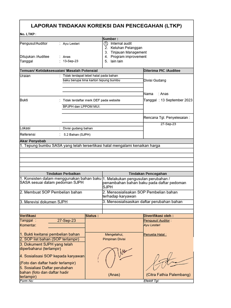 LK-5. Lembar Kerja Audit Internal Dan LTKP (Kosong) | PDF