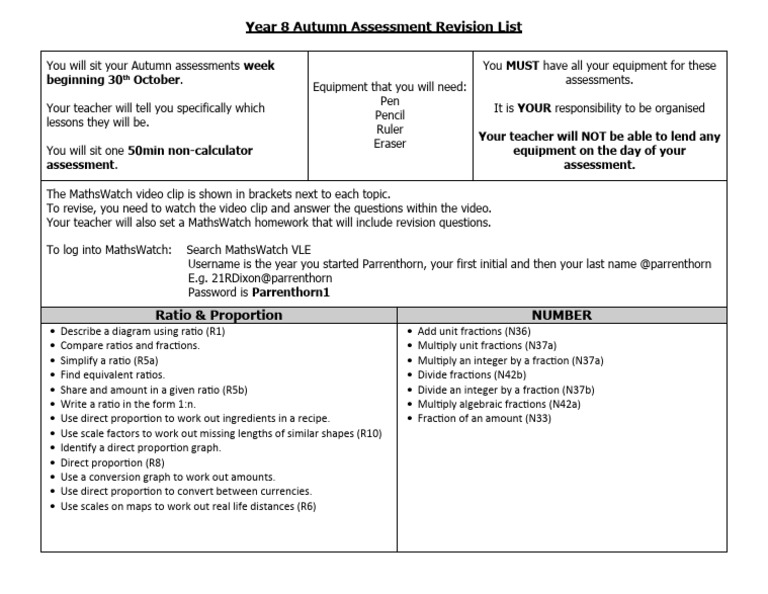 Revision List Y8 Aut Assessment | PDF | Ratio | Numbers