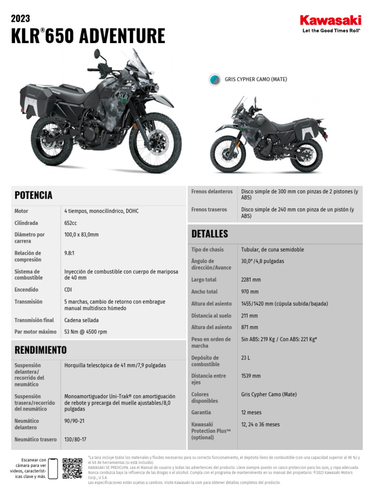 2023 klr650 Adventure Es La Spec Sheet | PDF | Vehículos con tracción trasera | Carros deportivos