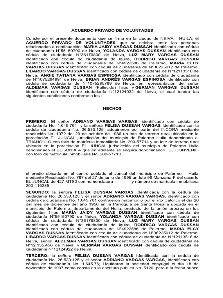 Acuerdo de Voluntades Hermanos Vargas | PDF
