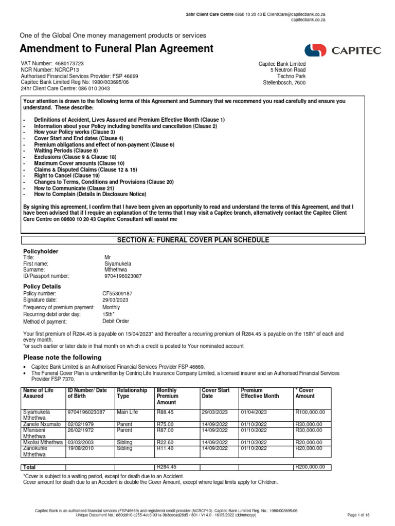 801 Funeral Cover Plan Agreement - CF55309187 | Download Free PDF ...
