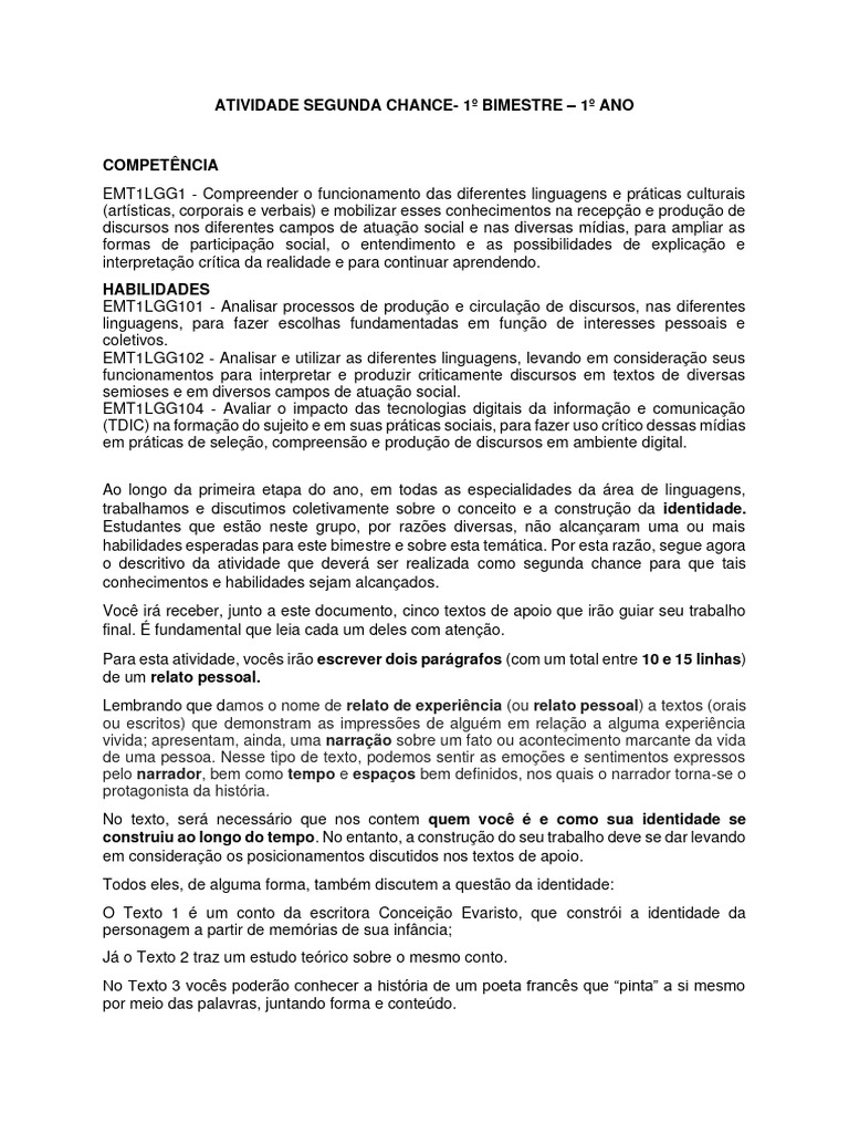 Atividade de Segunda Chance: Identidade | PDF | Sociologia | Experiência
