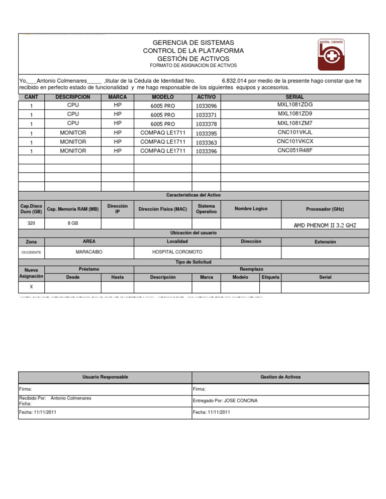 Formato Acuse de Recibo Pc | Equipo de oficina | Hardware de la computadora