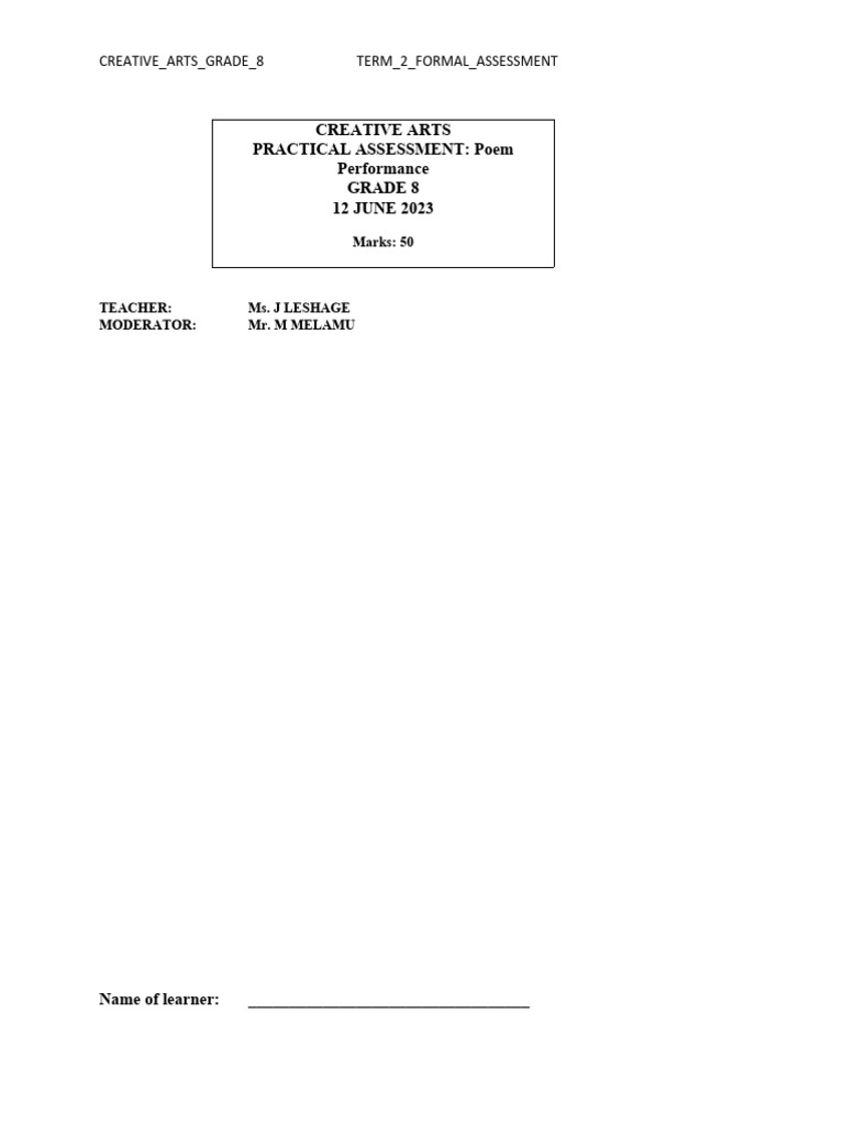 Formal assessment_Poems_RUBRIC_CA_TERM2 | PDF | Learning | Cognition