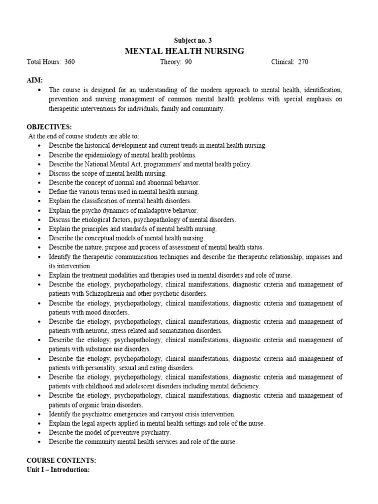 Mental Health Nursing Course Overview | PDF | Mental Disorder ...