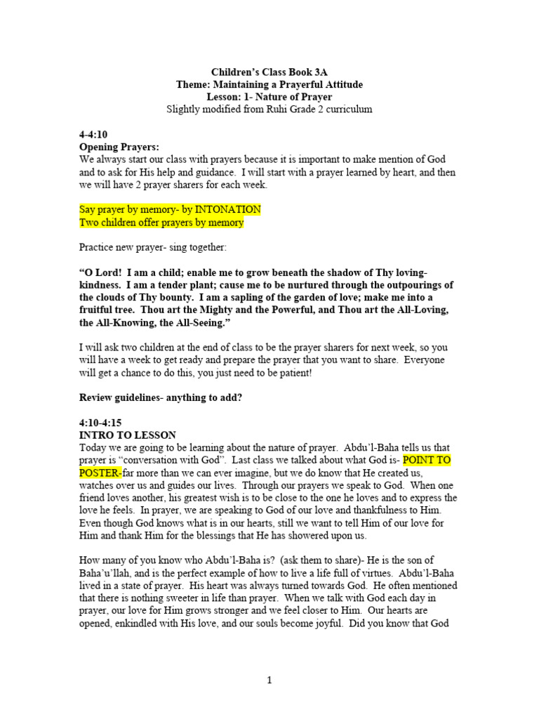 Children's Class Book 3A Lesson 1 Plan | PDF | Prayer | God