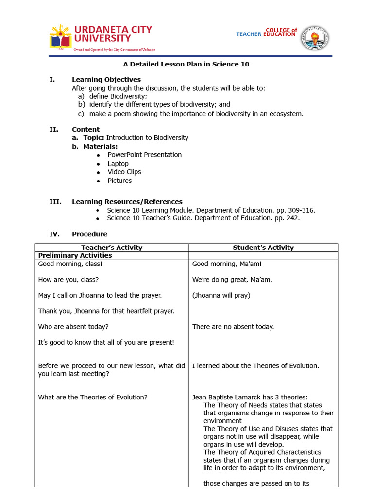 Biodiversity Lesson Plan for Science 10 | PDF | Biodiversity | Ecology