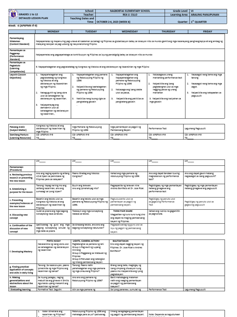 Araling Panlipunan 6 Q1 W6 DLL | PDF