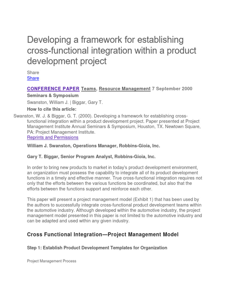 Developing a framework for establishing cross-functional integration ...