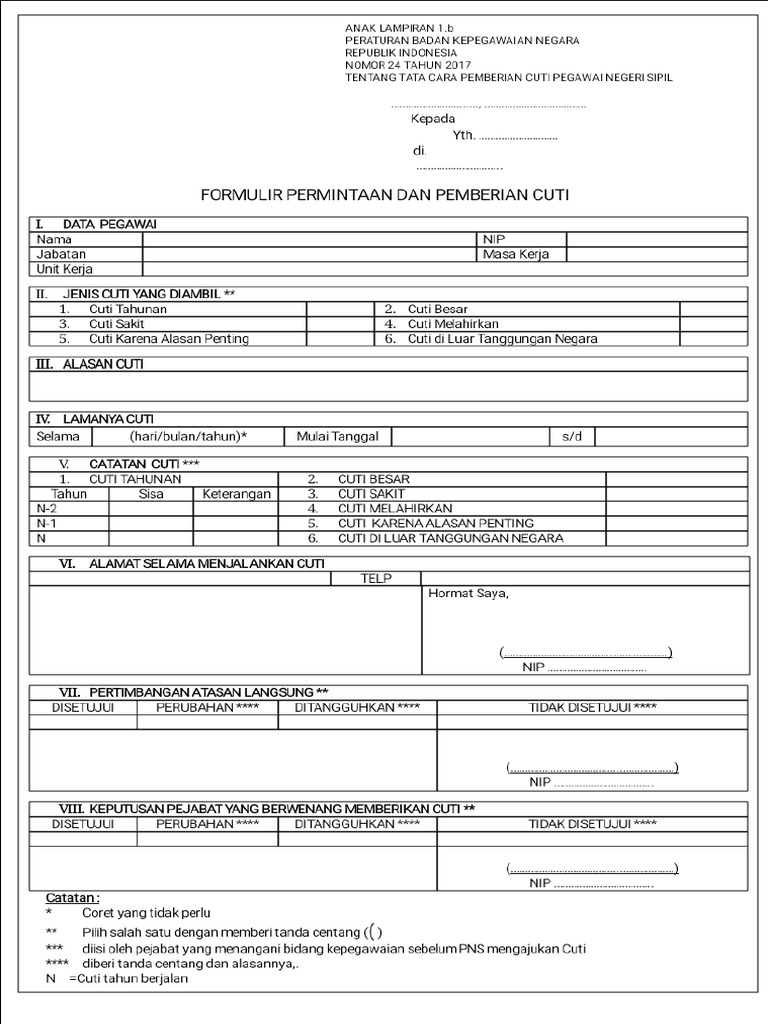 Form Ajuan Cuti Pns (Formulir Permintaan Dan Pemberian Cuti PNS) | PDF