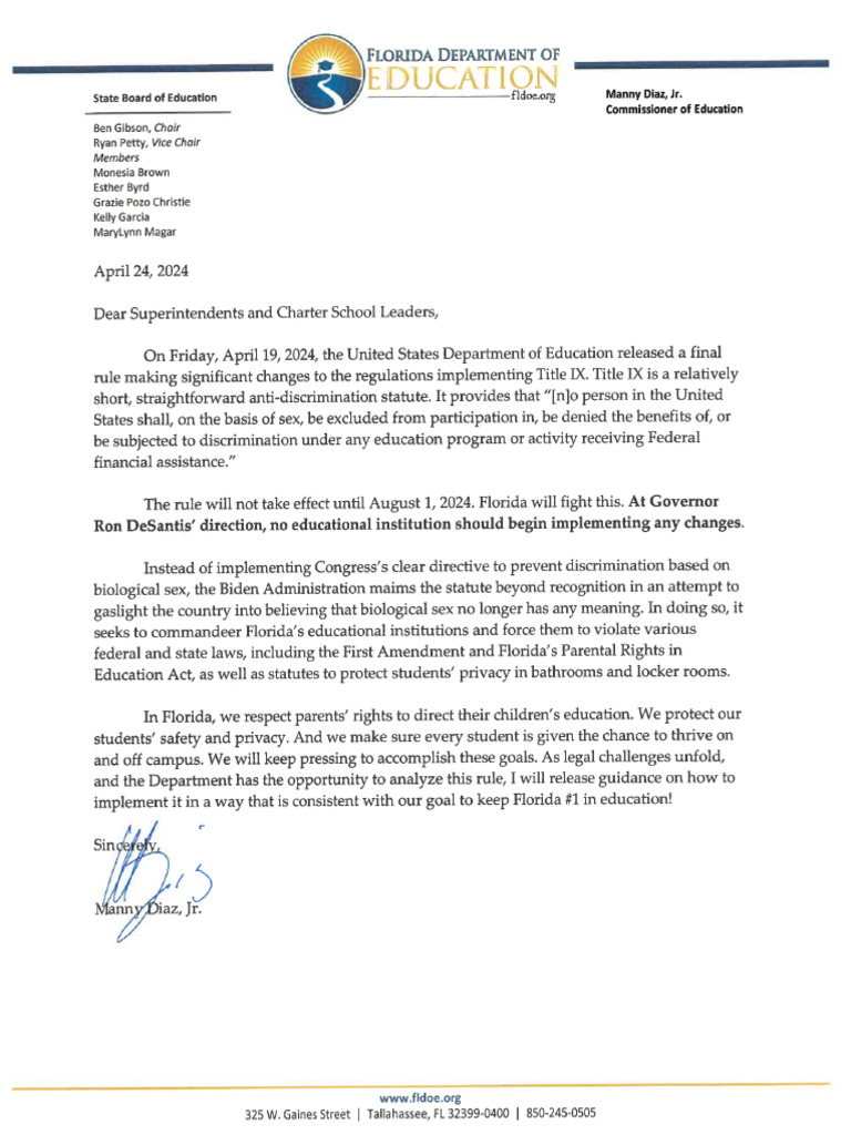Letter From Commissioner Diaz - Title IX | PDF
