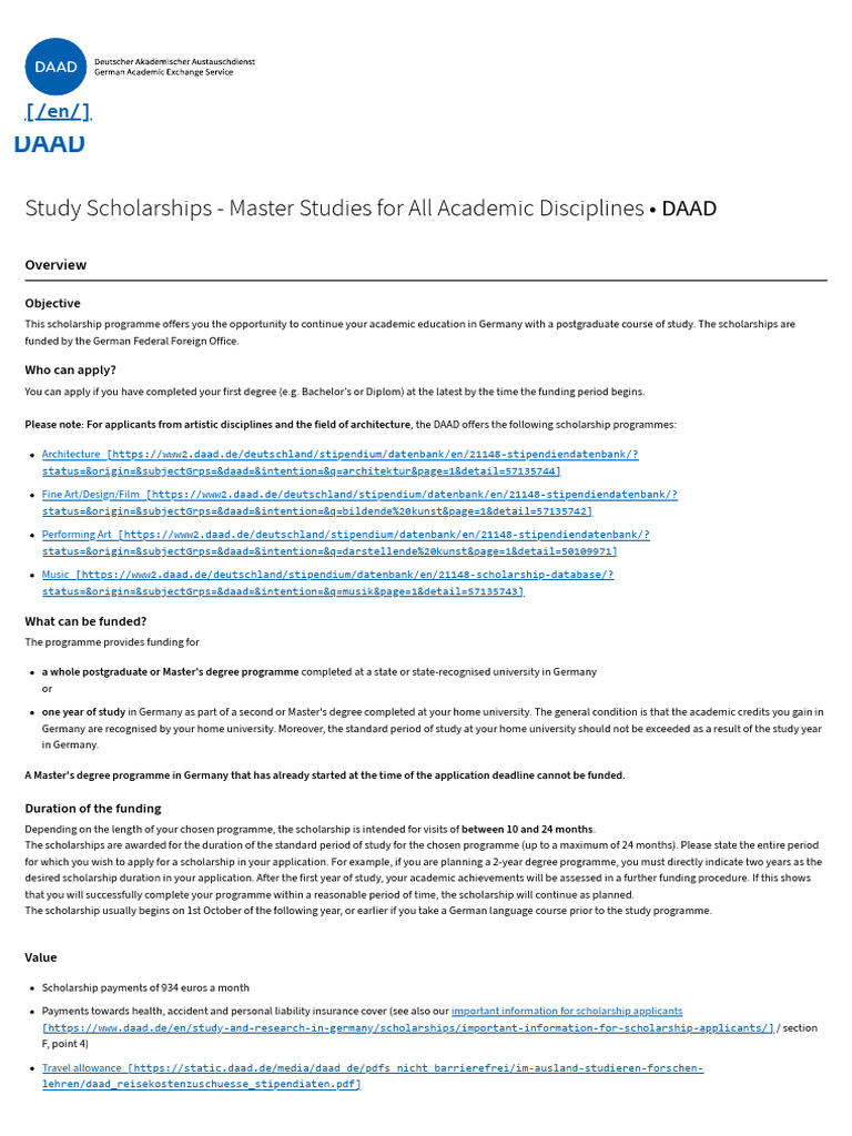 DAAD Scholarship Info, Appl. Procedure | PDF | Academic Degree | Internship