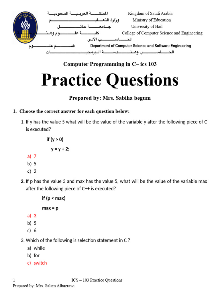 C Programming Practice Questions | PDF | Computer Engineering | Software Development