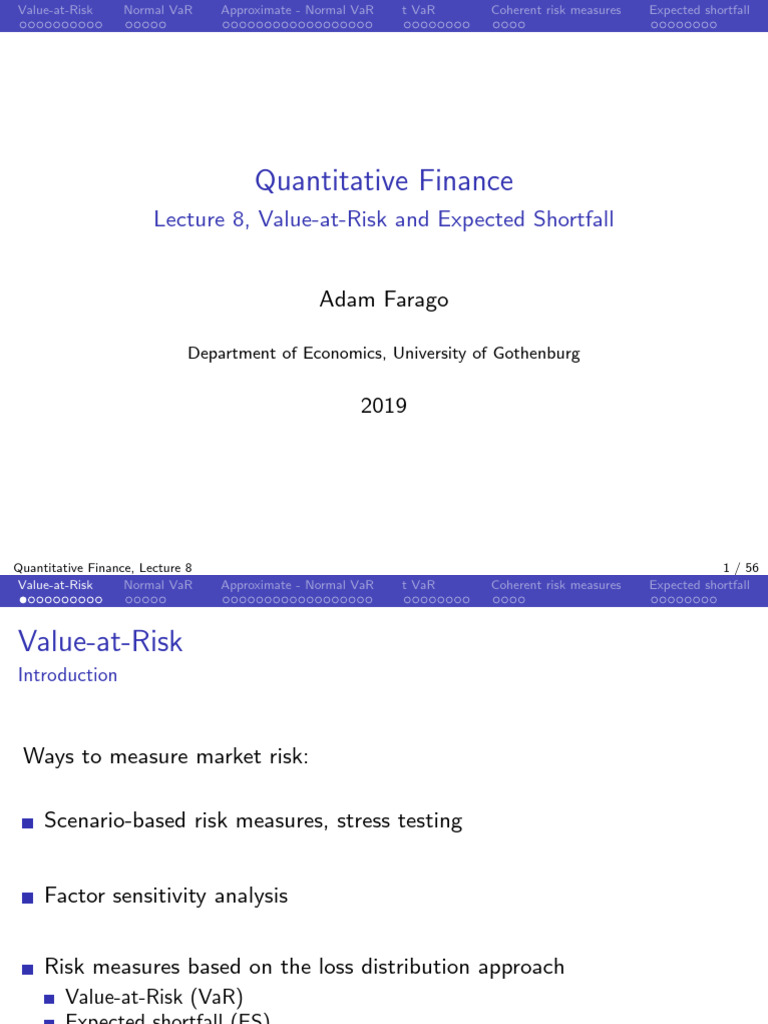 Value-at-Risk and Expected Shortfall | PDF | Value At Risk | Option (Finance)